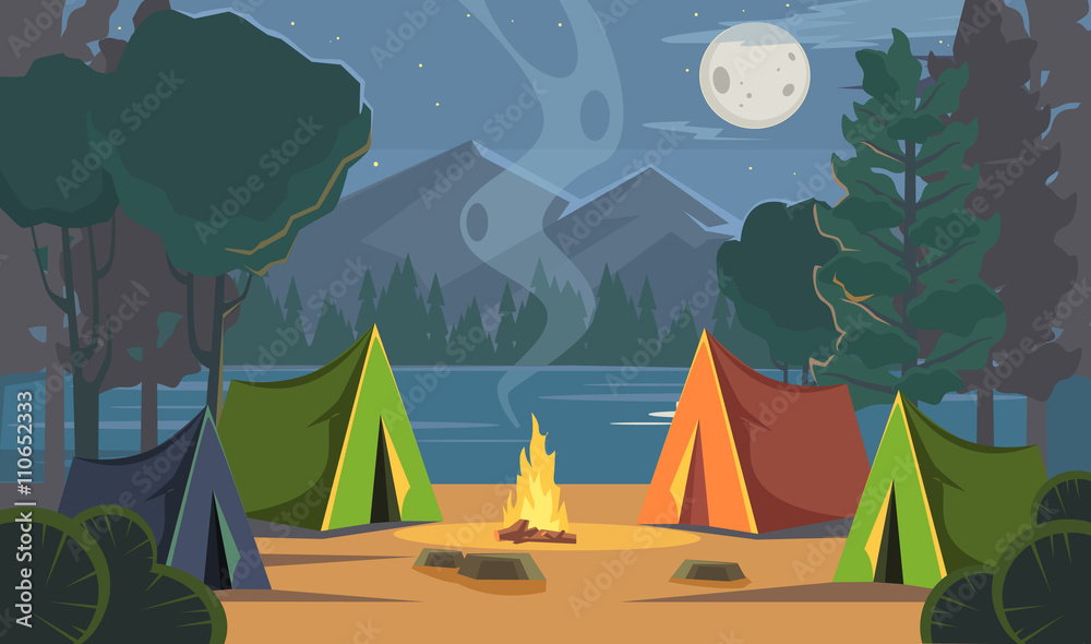 Vector flat cartoon camping illustration Stock Vector | Adobe Stock