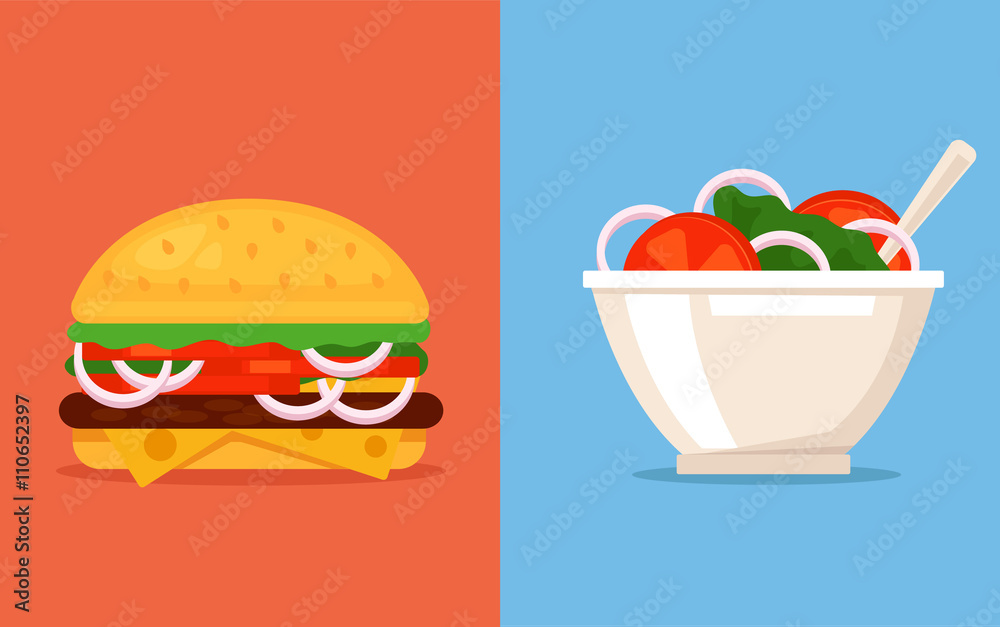 Choose between useful and delicious food. Vector flat cartoon ...