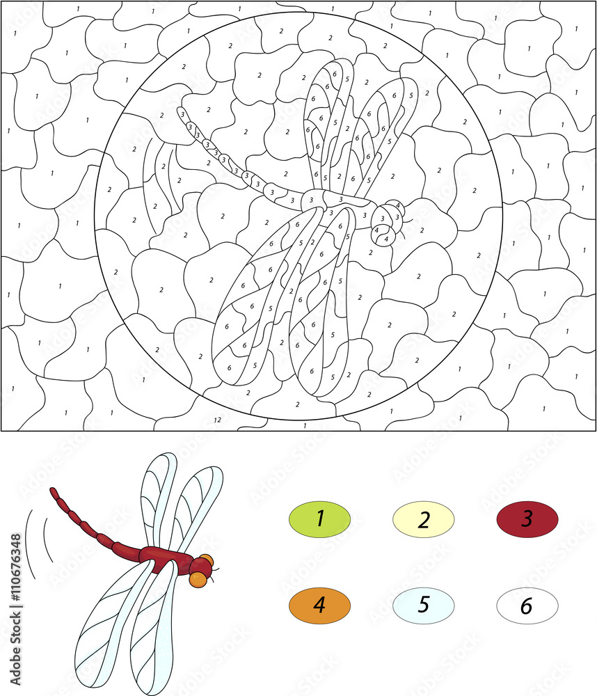Cartoon red dragonfly. Color by number educational game for kids Stock ...