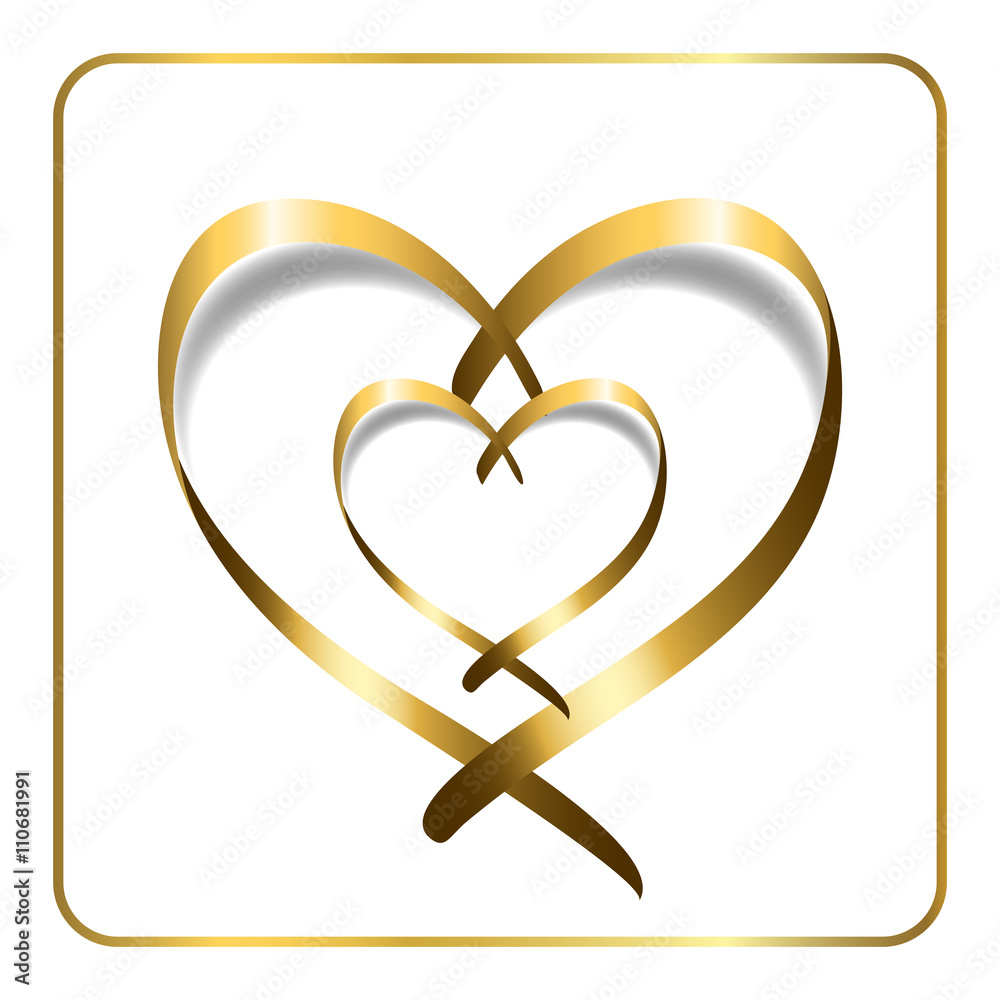 Gold ribbon double heart. Golden silhouette, isolated on white ...