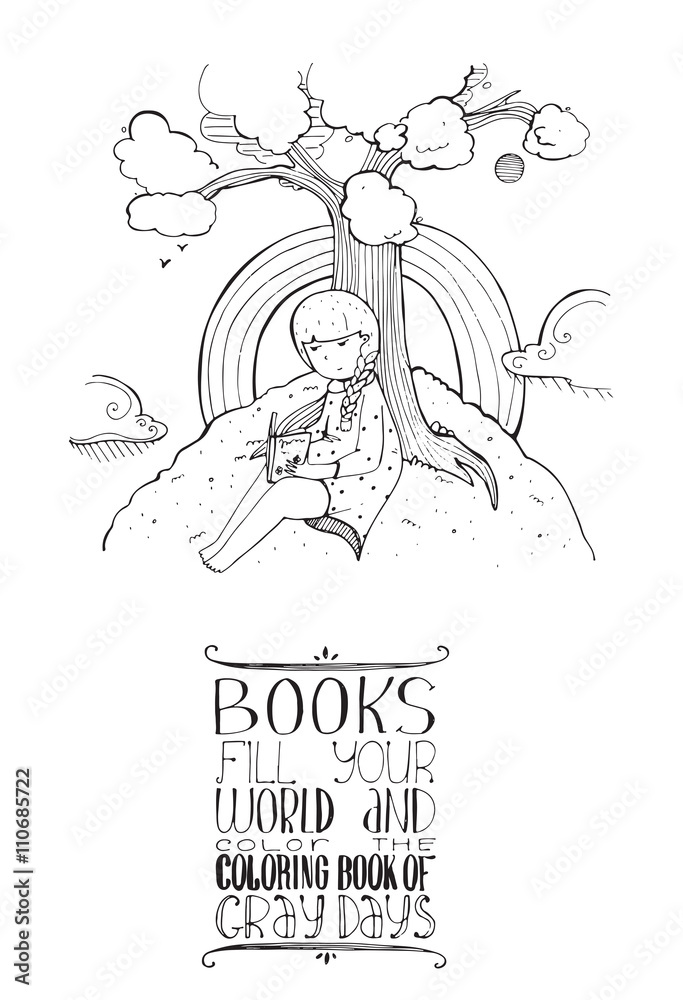 Vector illustration with cute girl sitting under the tree and reading ...