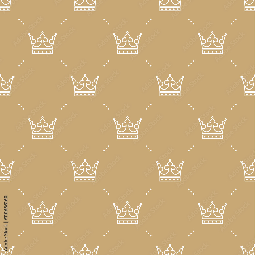 Seamless pattern in retro style with a white crown on a gold background ...