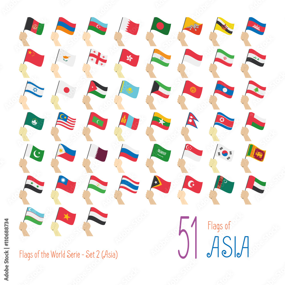 Set of 51 flags of Asia. Hand raising the national flags of 51 ...