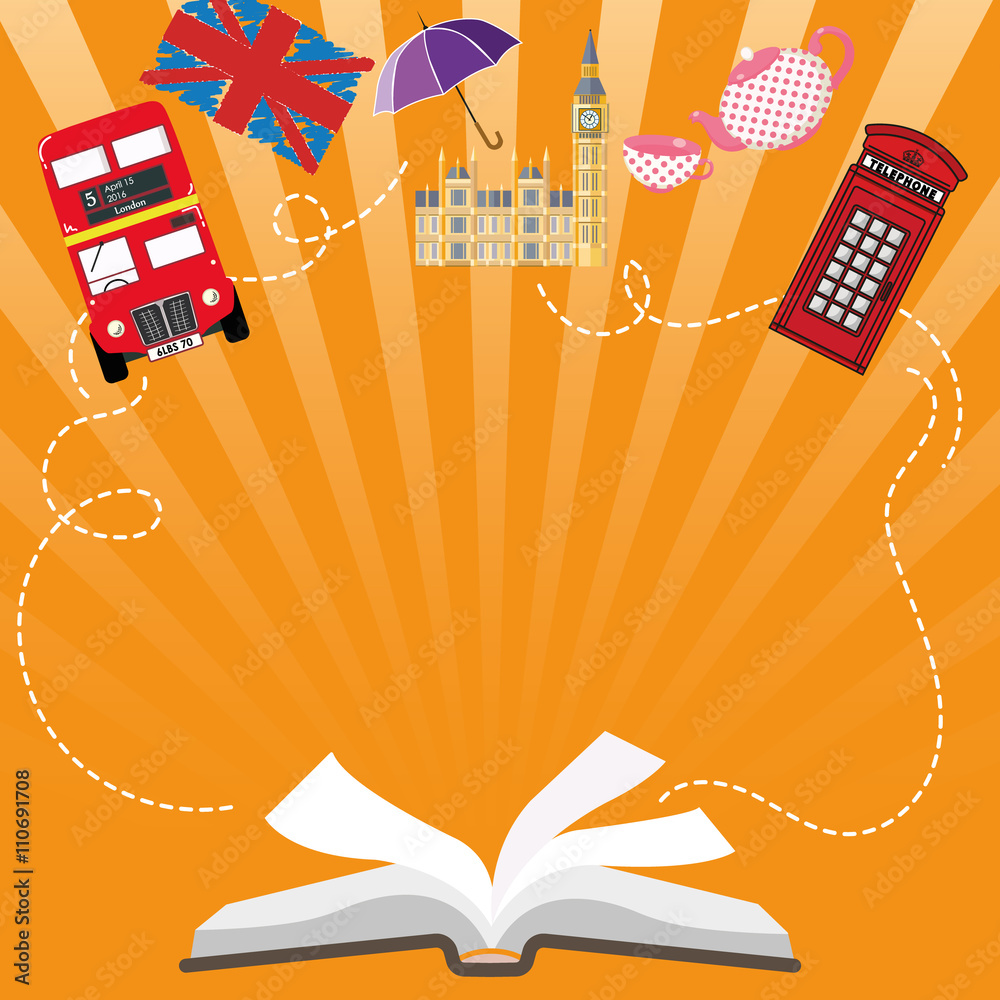 Language poster, banner, Open book with characters England - Big Ben ...