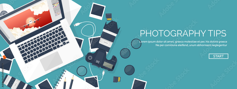 Photographer equipment on a table. Photography tools, photo editing ...