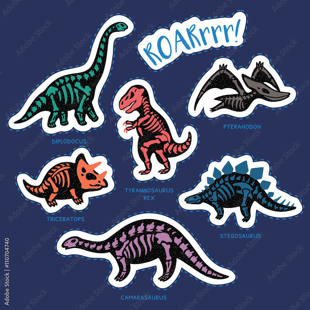 Sticker set of dinosaur skeletons in cartoon style Stock Vector | Adobe ...