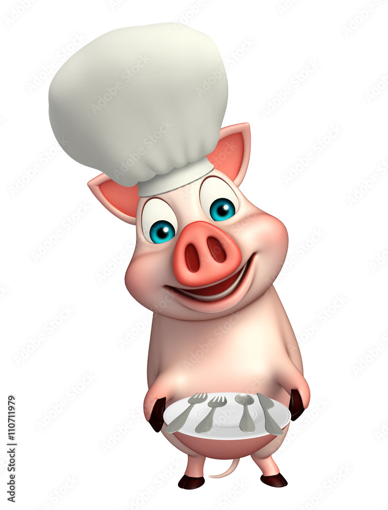 Pig cartoon character with chef hat and dinner plate Stock Illustration ...