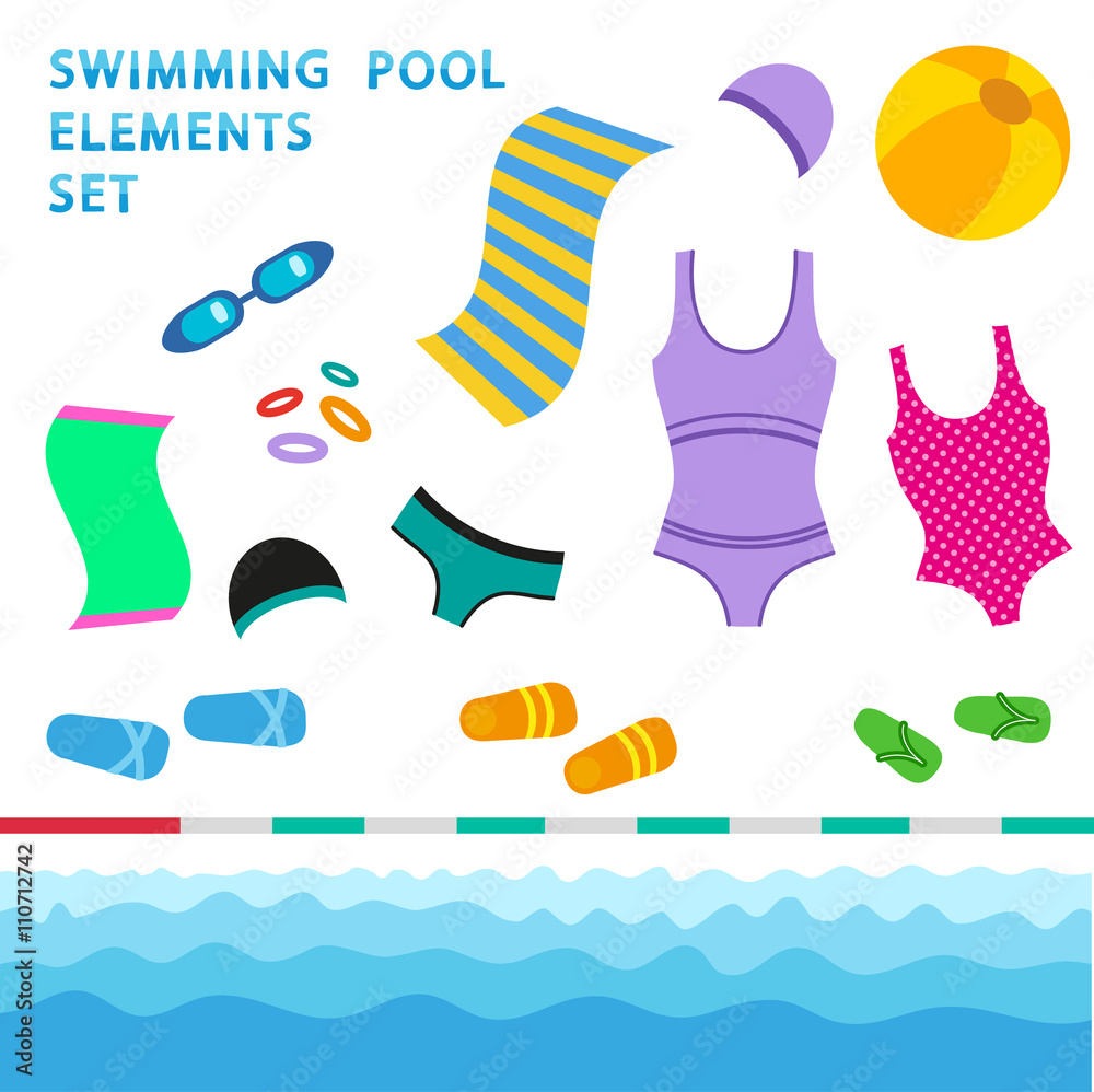 Swimming pool elements - flat style vector set. Stock Vector | Adobe Stock