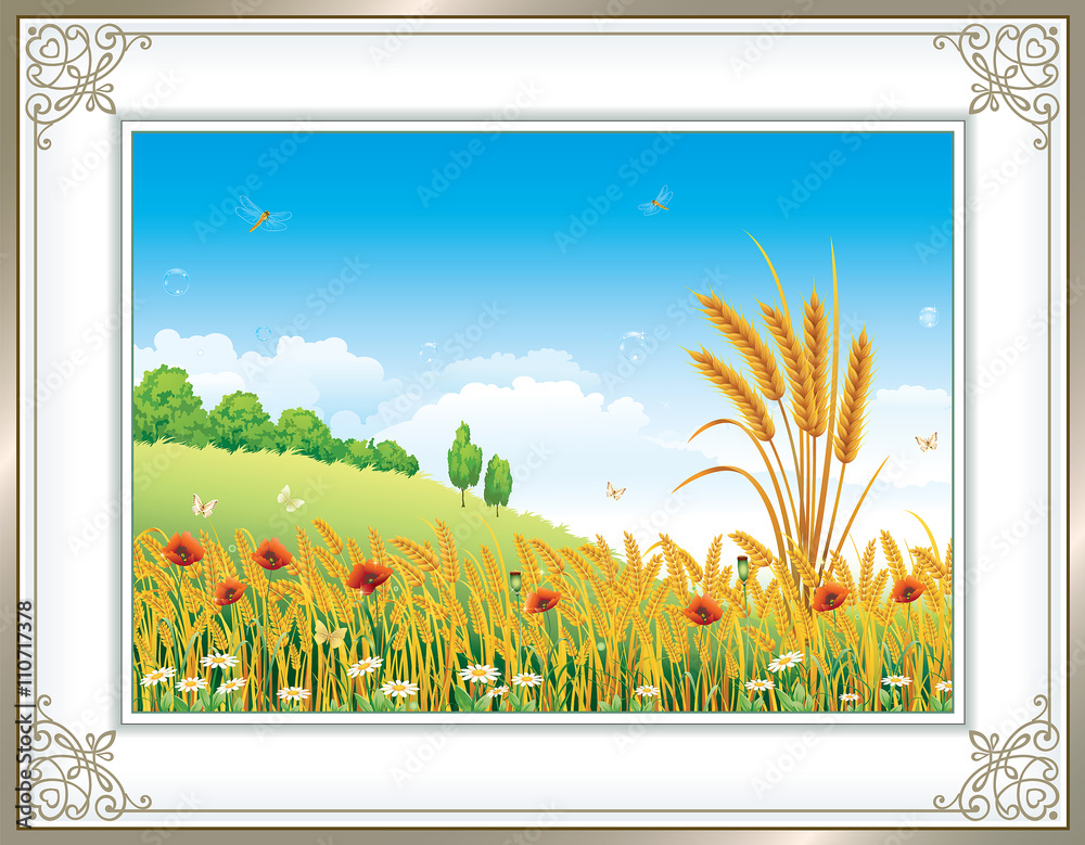 Natural landscape in frame with ornament Stock Vector | Adobe Stock