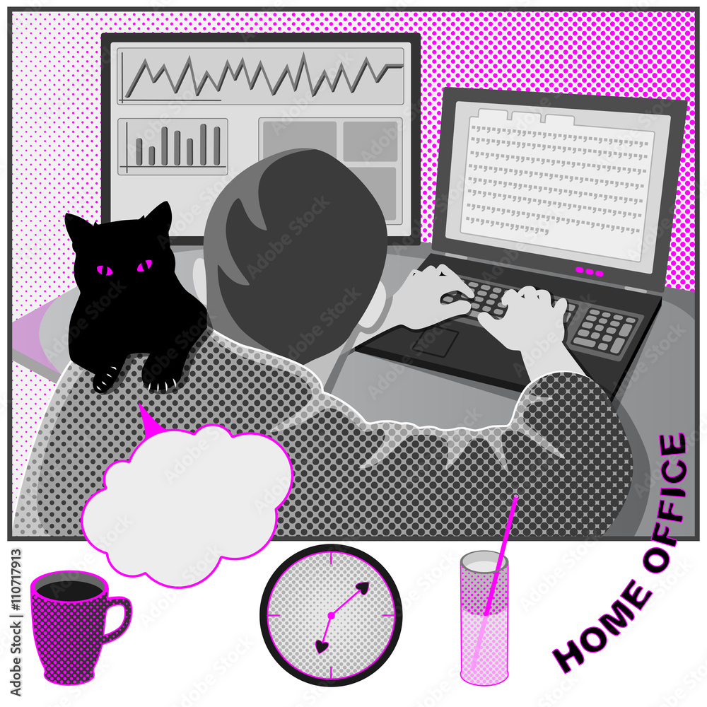 Home office. Programmer and his pet at work. Speech bubble,clock and ...