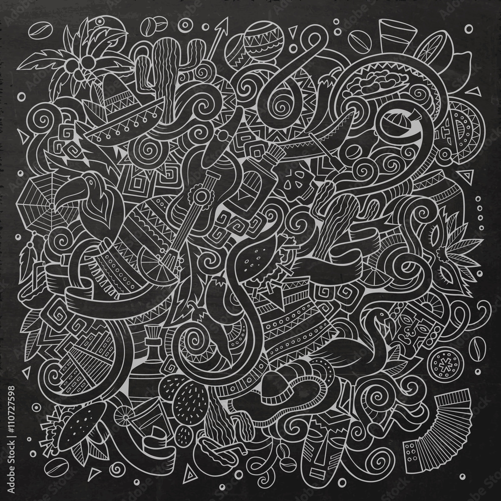 Cartoon hand-drawn doodles Latin American illustration. Line art Stock ...
