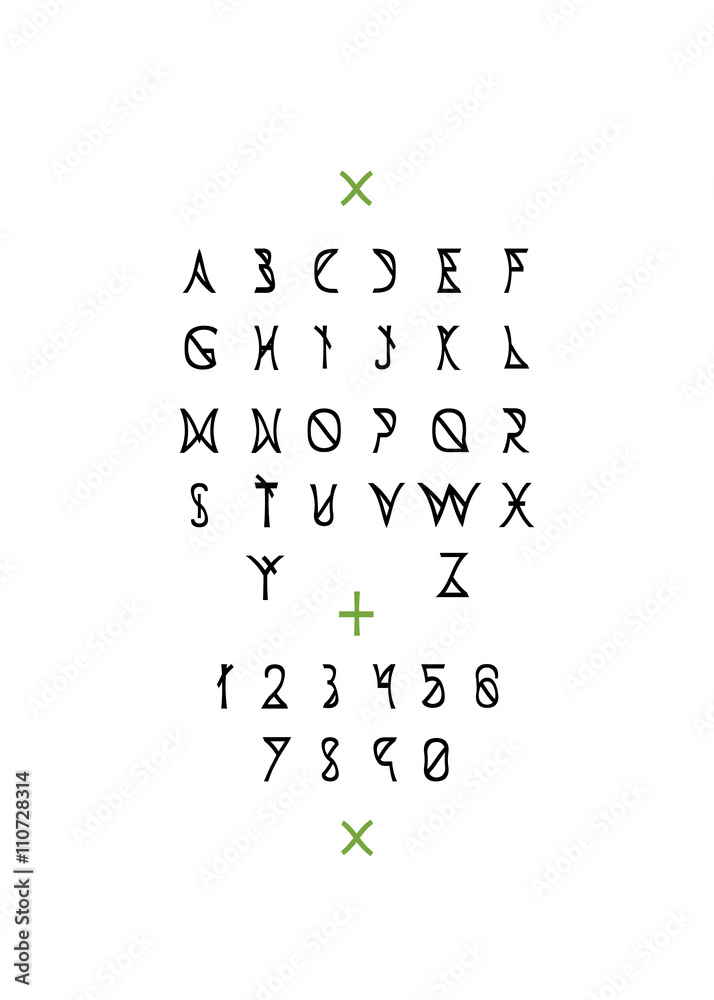 Latin alphabet with numbers. black line letters on white background ...