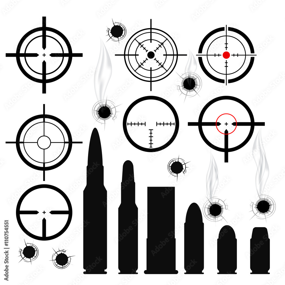Crosshairs (gun sights), bullet cartridges and bullet holes Stock ...