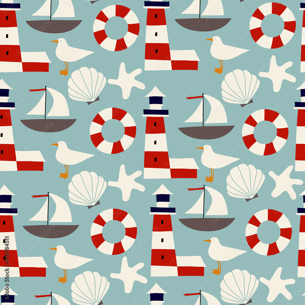 Kids vector seamless pattern with nautical symbols. Marine pattern. Can ...