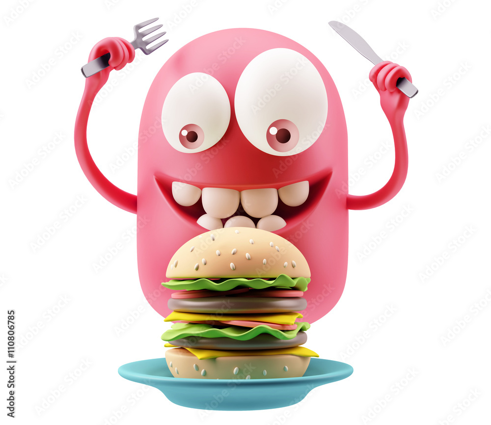 Eat Cheese Burger Emoticon Character Face Expression. 3d Renderi Stock ...