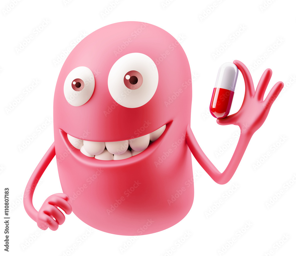 Take a pill Emoticon Character Face Expression. 3d Rendering. Stock ...