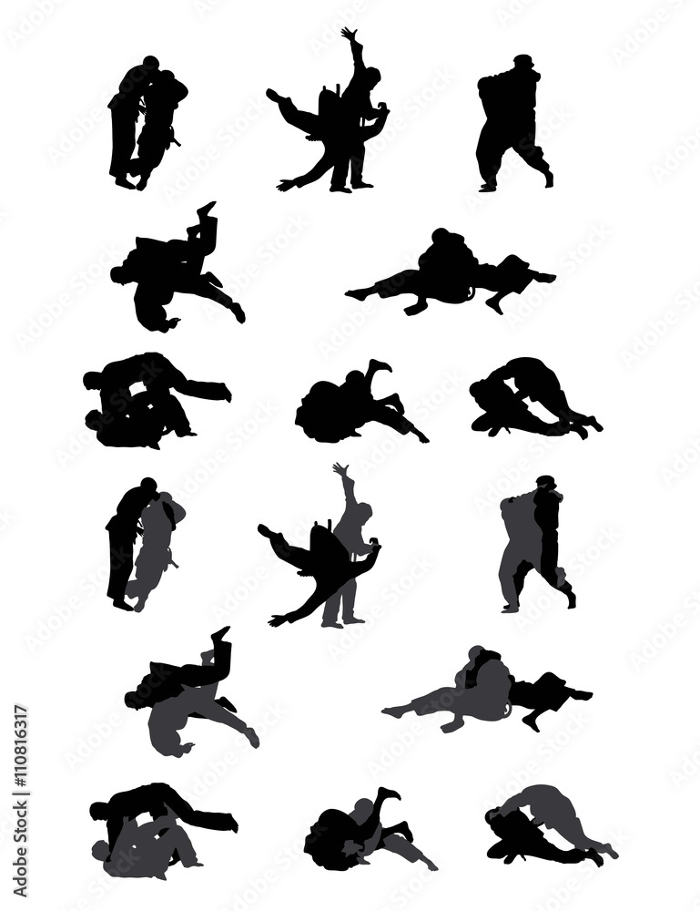 Jiu-jitsu and judo wrestlers vector silhouettes Stock Vector | Adobe Stock