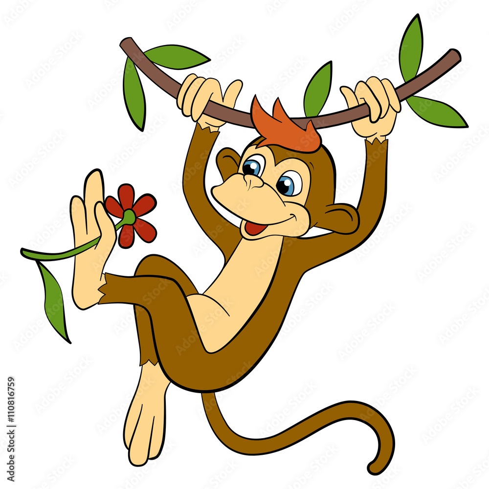 Cartoon wils animals for kids. Little cute monkey hangs on the liana ...