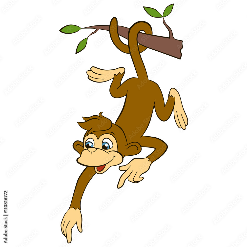 Cartoon wils animals for kids. Little cute monkey hangs upside down in ...