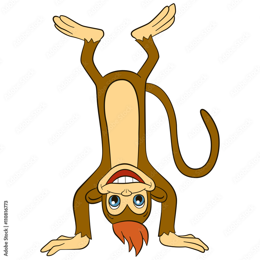 Cartoon wils animals for kids. Little cute monkey stands upside down ...