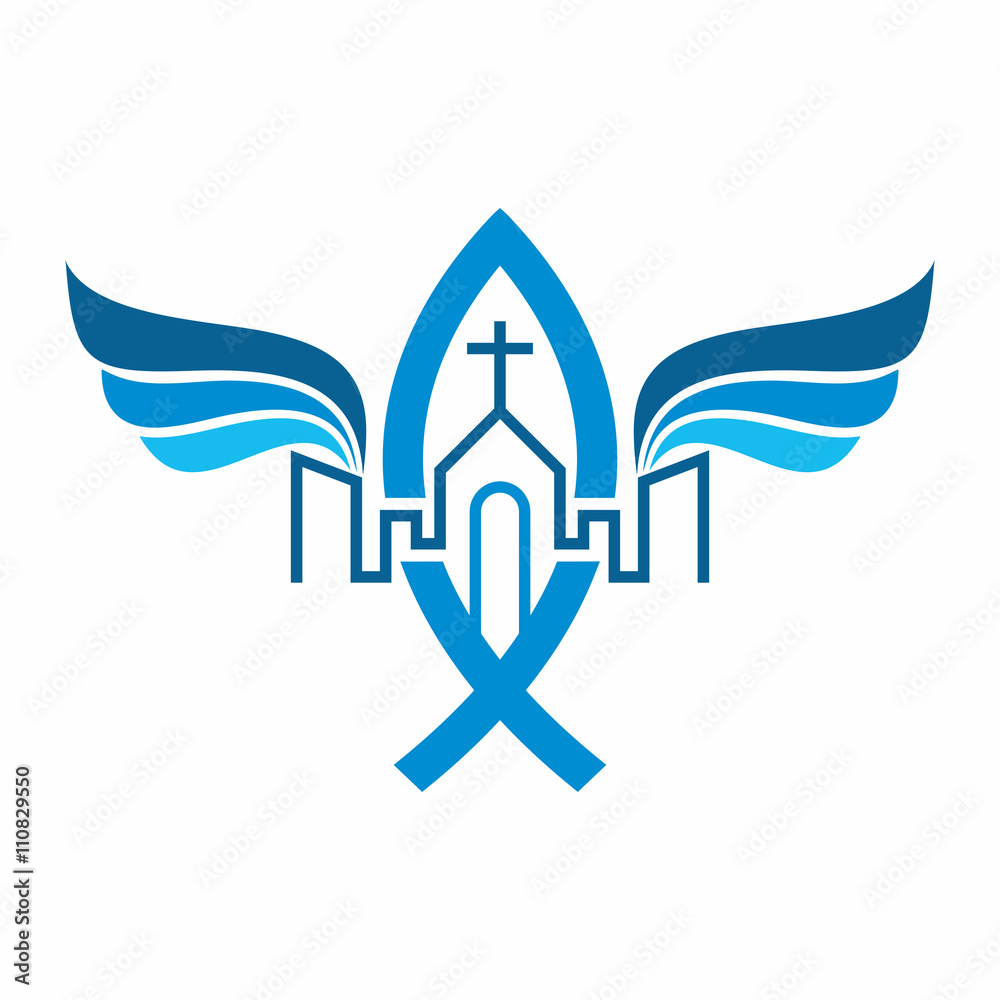 Church logo. The unity of the Church in Christ, city and angel's wings ...