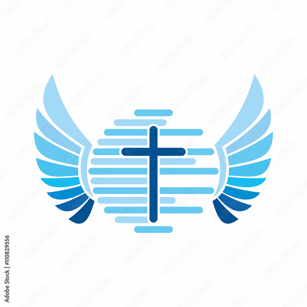 Church logo. The cross of Jesus Christ, and the world globe, angel ...