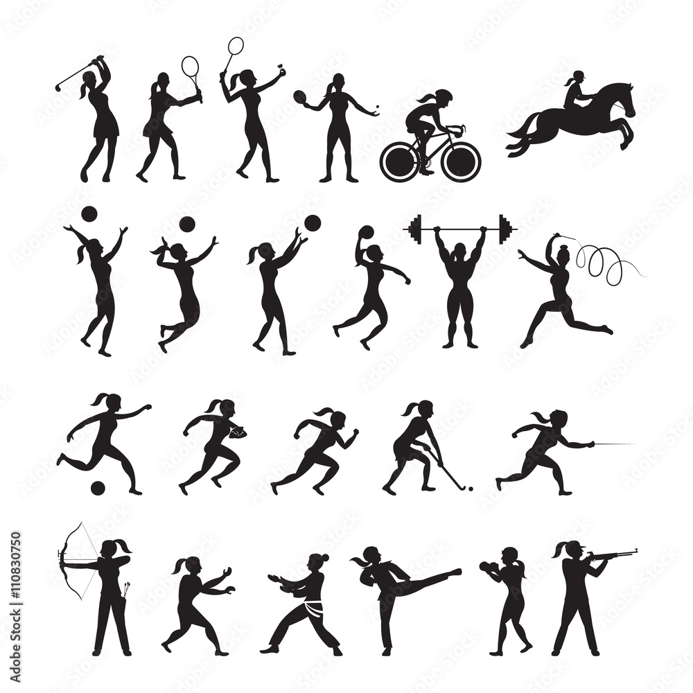 Sports Athletes, Women Symbol Silhouette Set, Athletic, Games, Action ...