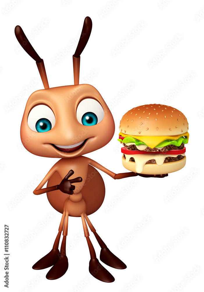 fun Ant cartoon character with burger Stock Illustration | Adobe Stock
