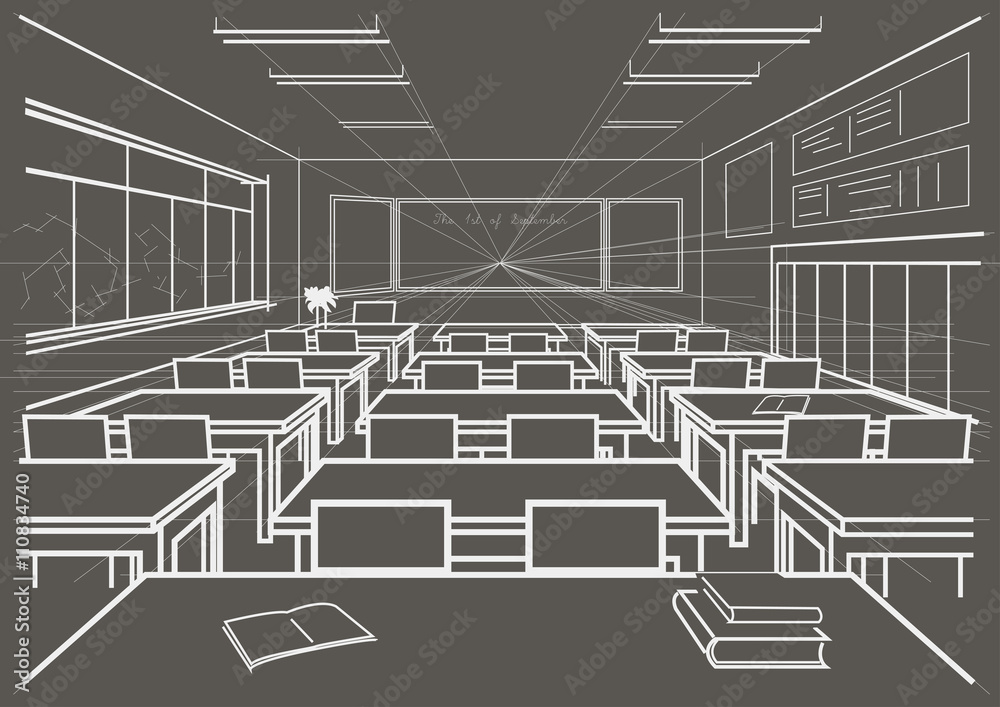 linear architectural sketch interior school classroom on gray ...