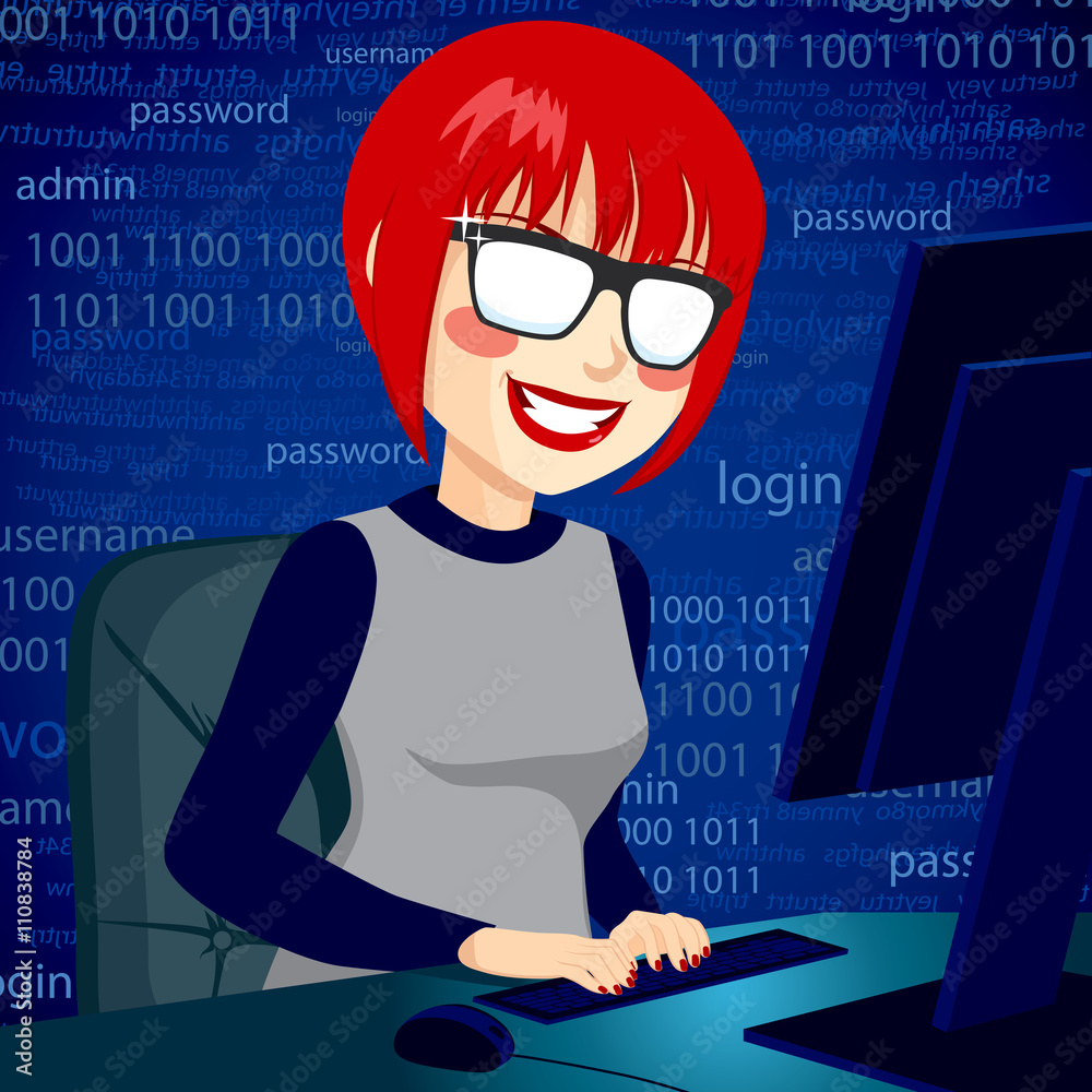 Hacker woman typing on computer enjoying breaking system security code ...