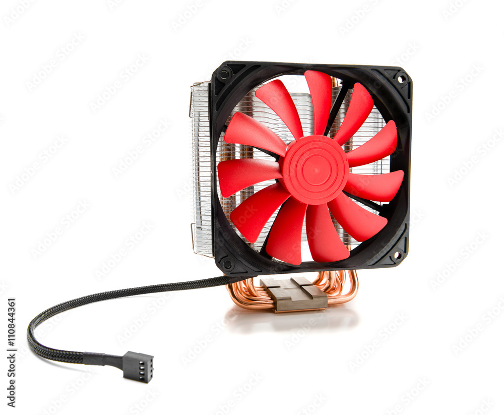 CPU cooler with fan and heat pipe isolated on white background Stock ...