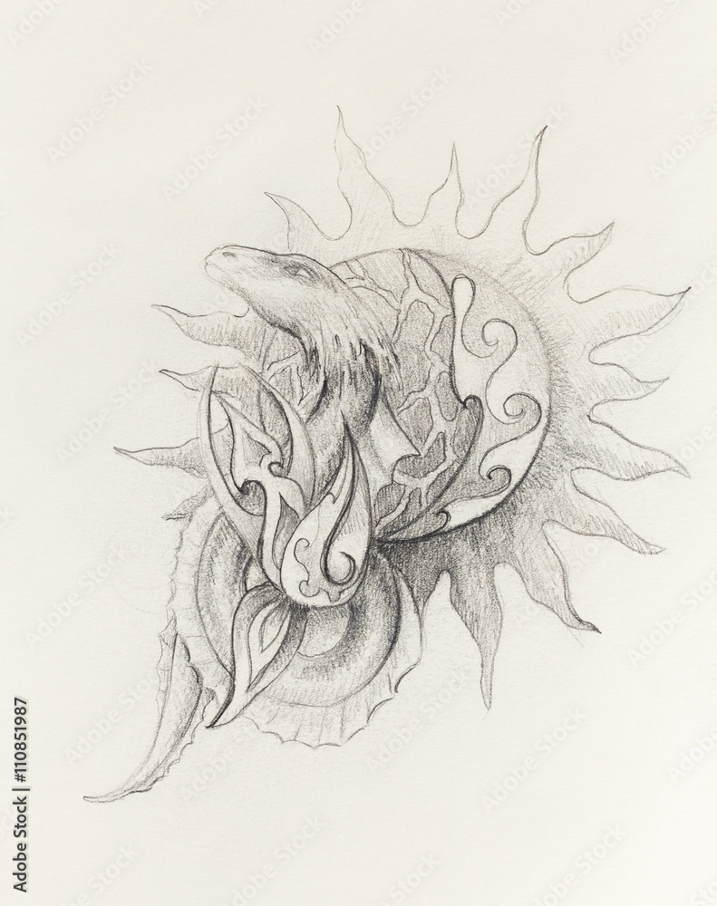 drawing of ornamental dragon and sun on old paper background. Stock ...