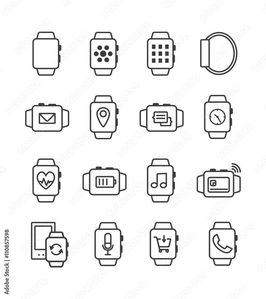 Set of outline vector smart watch icons. Smartwatch symbols. Fitness ...