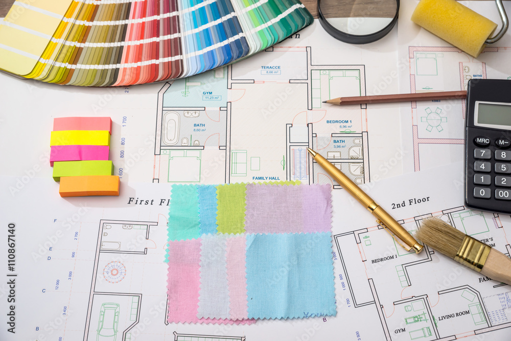 architectural plan of the house with color palette Photos | Adobe Stock