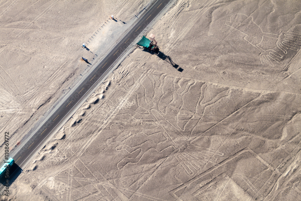 Aerial view of geoglyphs near Nazca - famous Nazca Lines, Peru. In the ...