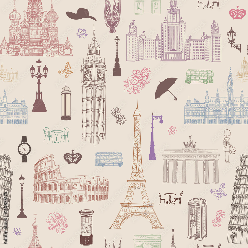 Travel seamless pattern. Vacation in Europe wallpaper. Famous landmarks ...