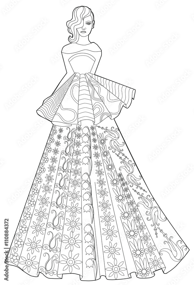 Coloring book page for adults. Woman in a long dress. Fashion. Stock ...