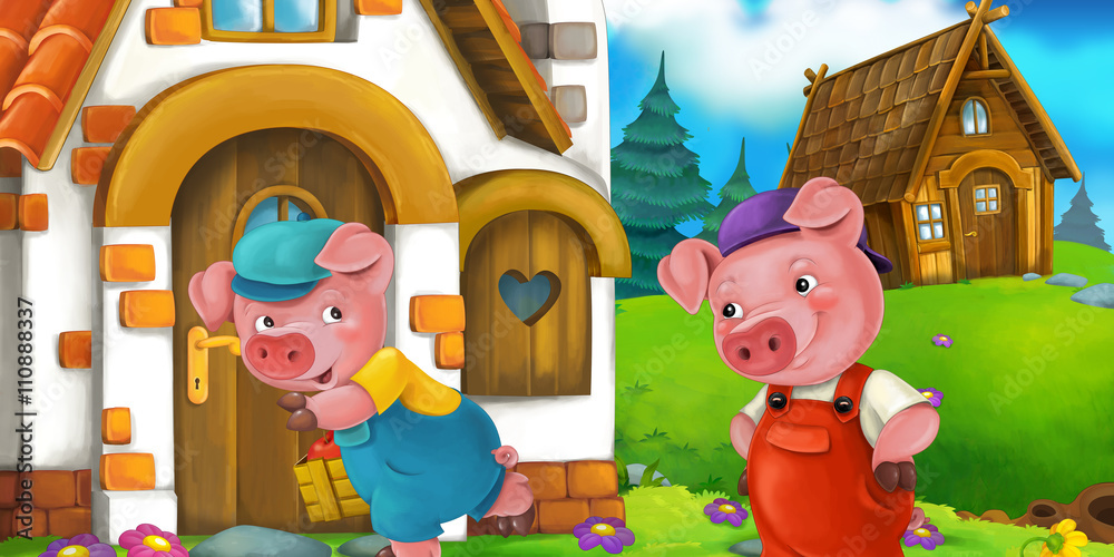 Cartoon scene of two happy pigs dancing in front of their houses ...
