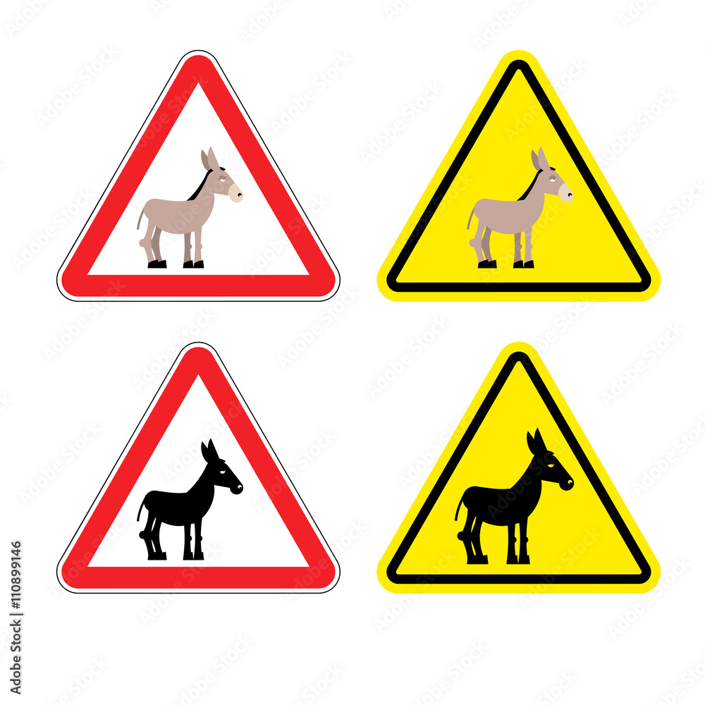 Warning sign attention donkey. Dangers yellow sign stupid man. A Stock ...