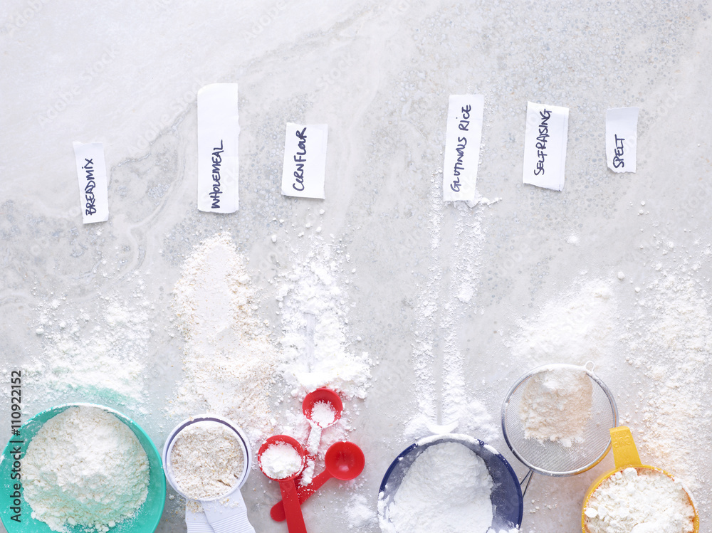 Six labeled flours - breadmix, wholemeal flour, cornflour, glutinous ...