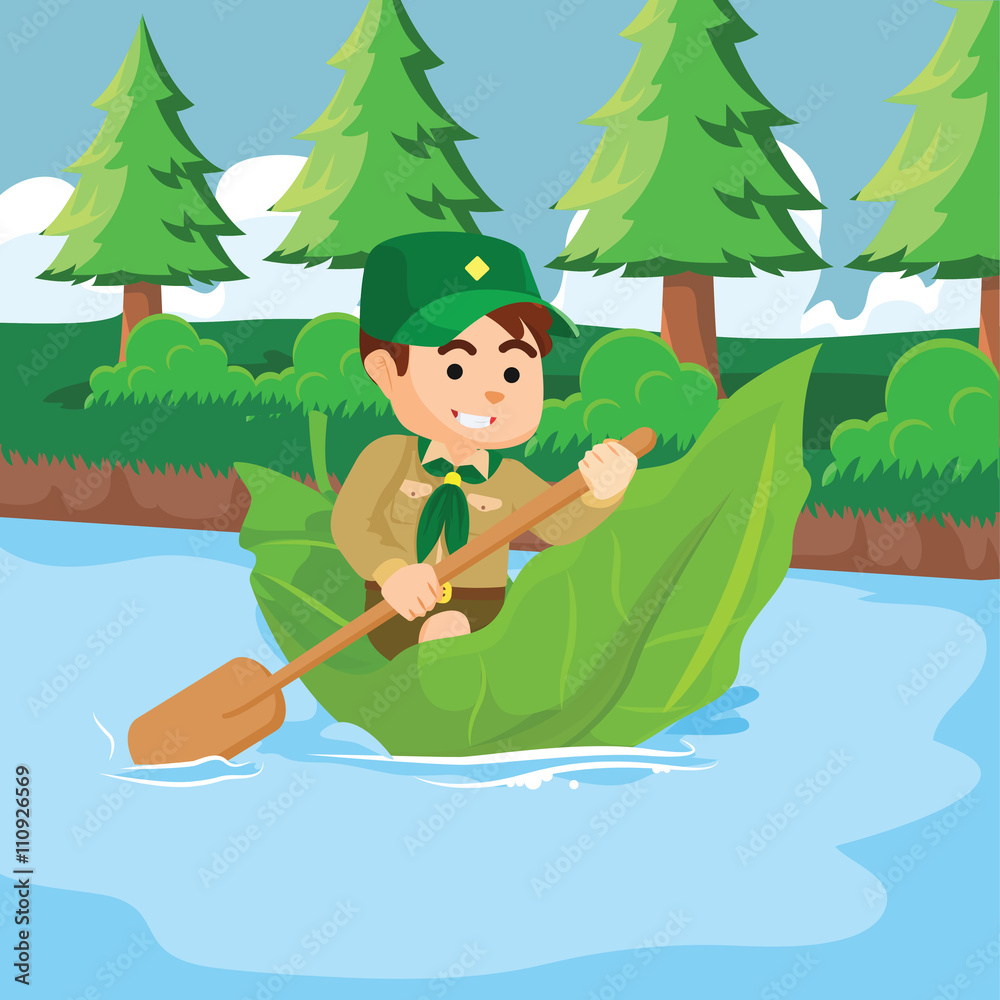 Boy scout ride giant leaf boat Stock Vector | Adobe Stock
