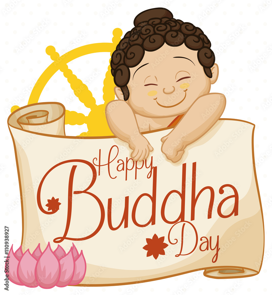 Baby Buddha with Commemorative Scroll, Lotus and Dharma Wheel, Vector ...