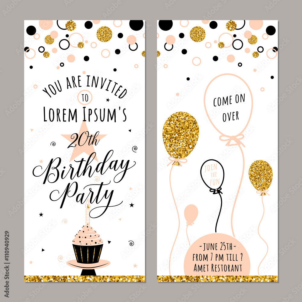 Vector illustration of birthday invitation. Face and back sides. Party ...