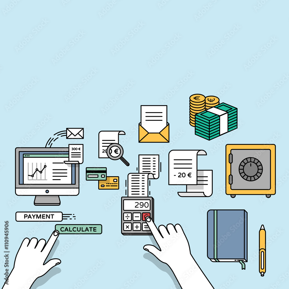 Accountant working on computer and calculator. Accounting illustration ...