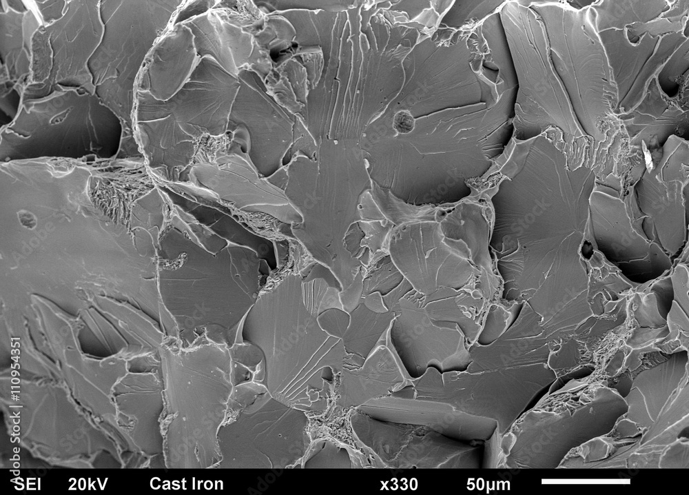 Cast Iron fractured surface. Brittle Cleavage with river lines imaged ...