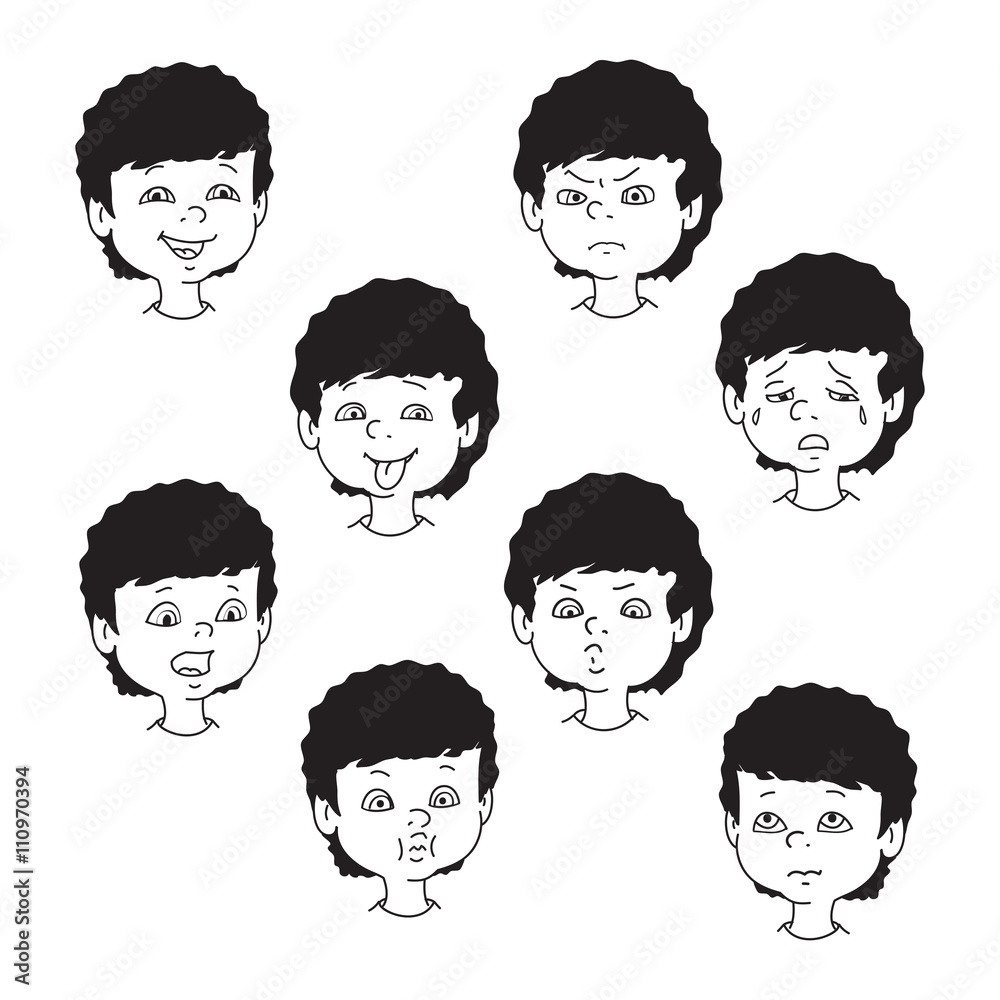Child face emotion gestures, black and white vector illustration Stock ...