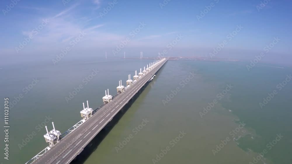Aerial of east side of Oosterscheldekering part of Delta Werken largest ...