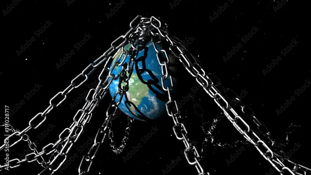 An animated planet Earth is rotating underneath various large metal ...