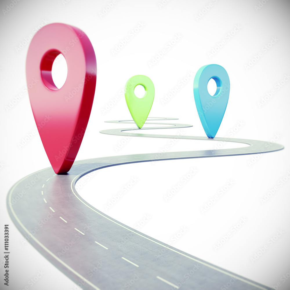 Road path going forward on white background with colorful pin pointer ...