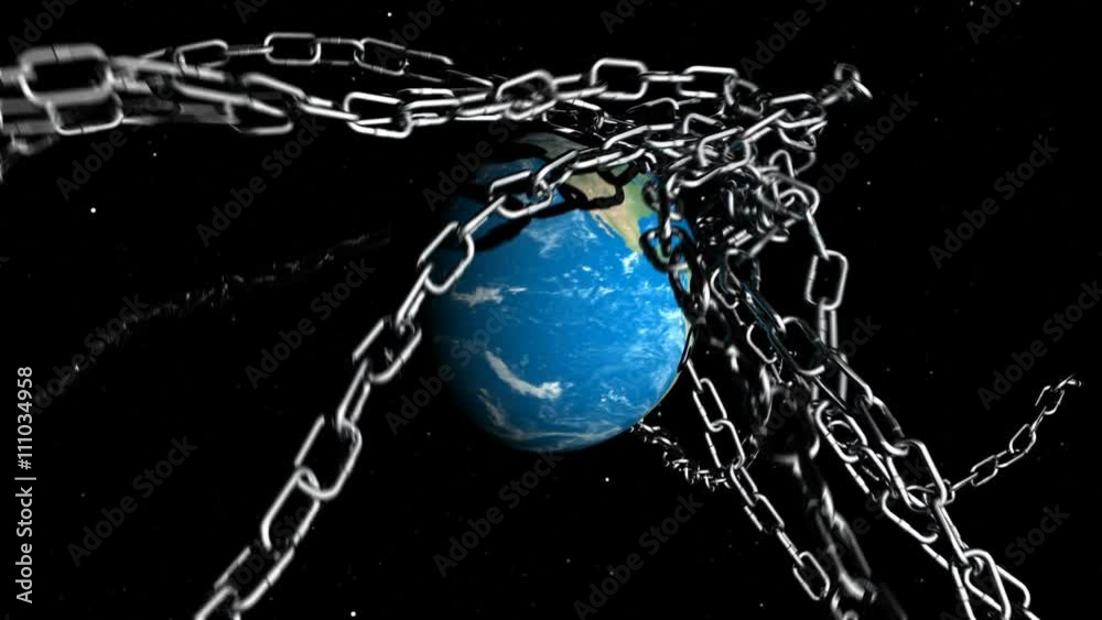 An animated planet Earth is rotating underneath various large metal ...